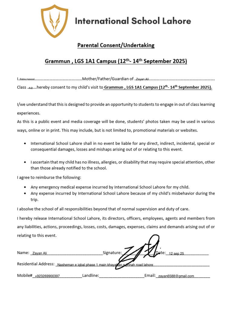 Parental Consent for School Trip 2025 | PDF