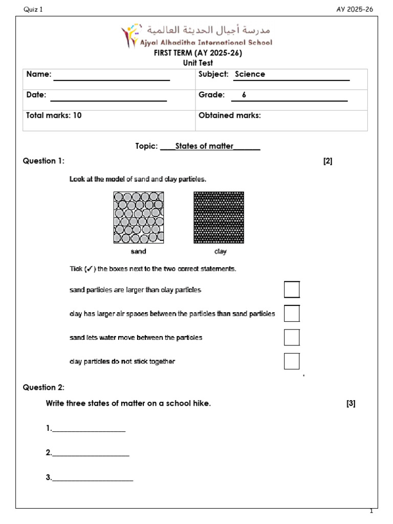 6th Grade Science Quiz on States of Matter | PDF