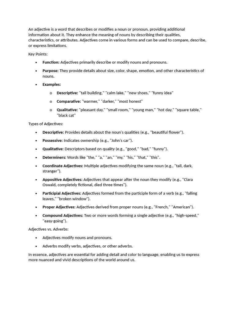 Understanding Adjectives: Types & Uses | PDF