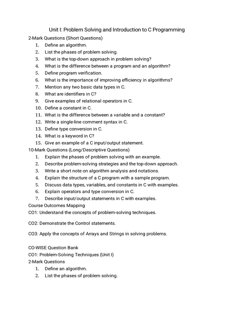 Unit I Question Bank Intro To Programming | PDF | Algorithms | Computer Programming