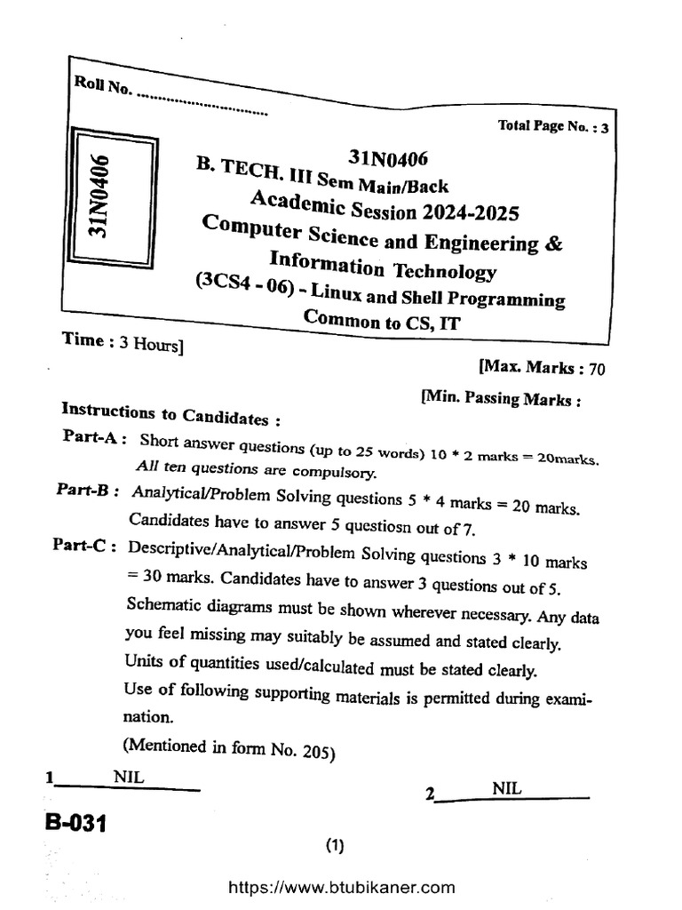 Btech Cs It 3 Sem Linux and Shell Programming 31n0406 2025 | PDF