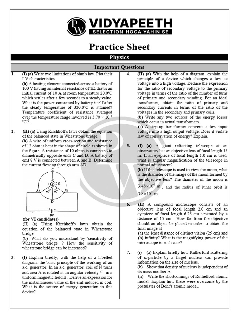 Practice Sheet - JEE - IMP QUE - Physics - CBSE - Rakesh Sir | PDF | Atoms | Capacitor