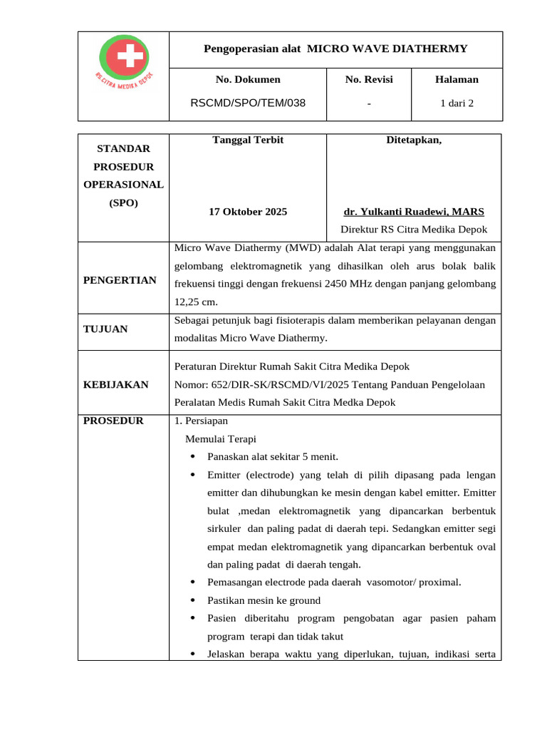 SPO Pengoperasian Alat MICRO WAVE DIATHERMY | PDF