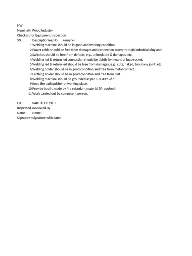 Welding Machine Inspection Checklist Pdf