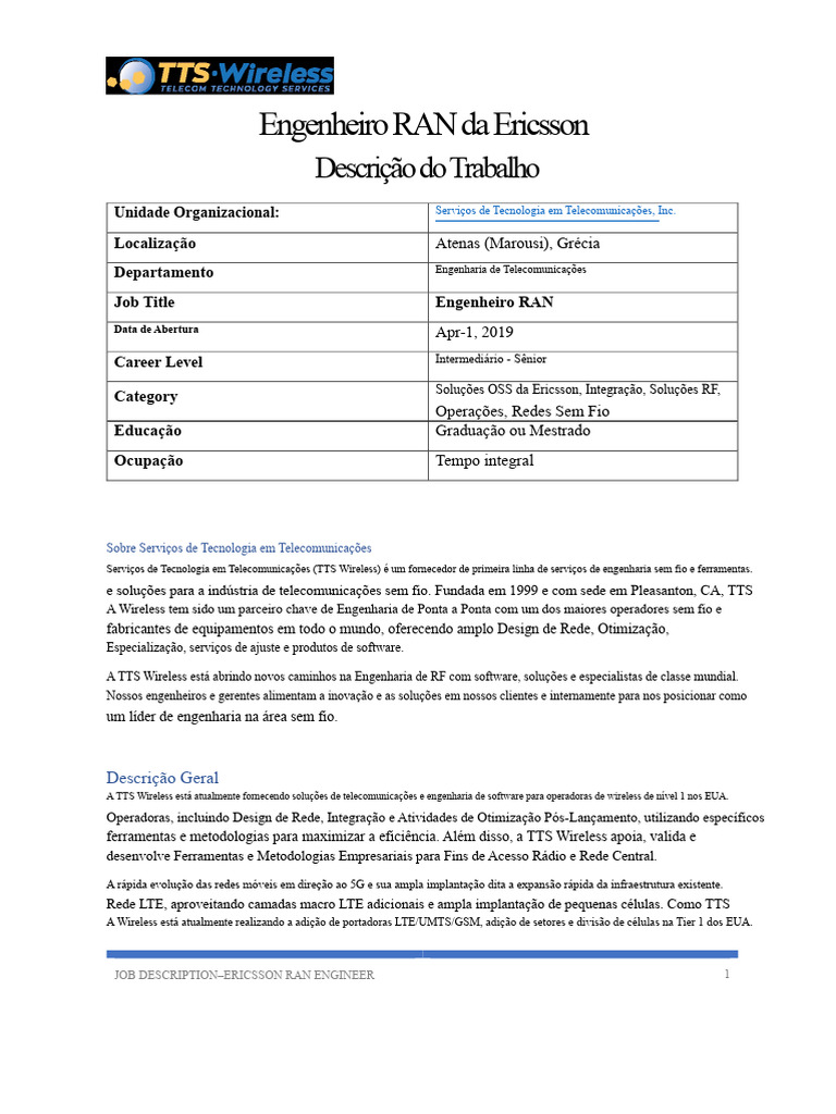 Vaga: Engenheiro RAN Ericsson em Atenas | PDF | Sem fio | Engenharia