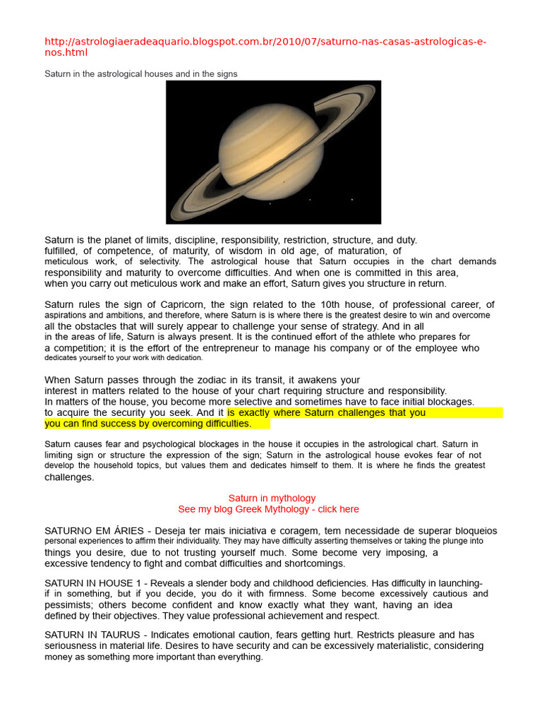 Saturn in Astrological Houses Explained | PDF | Planets In Astrology