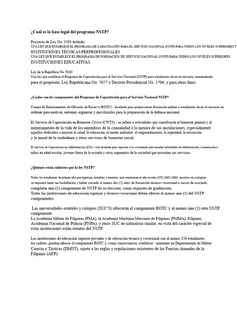 ¿Cuál Es La Base Legal Del Programa NSTP? | PDF