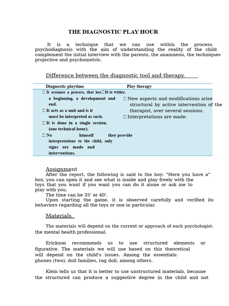 Diagnostic Play Hour Techniques | PDF | Psychotherapy | Psychological ...