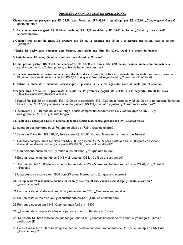 6º_año_ Problemas Con las Cuatro Operaciones_15!04!19 | PDF ...
