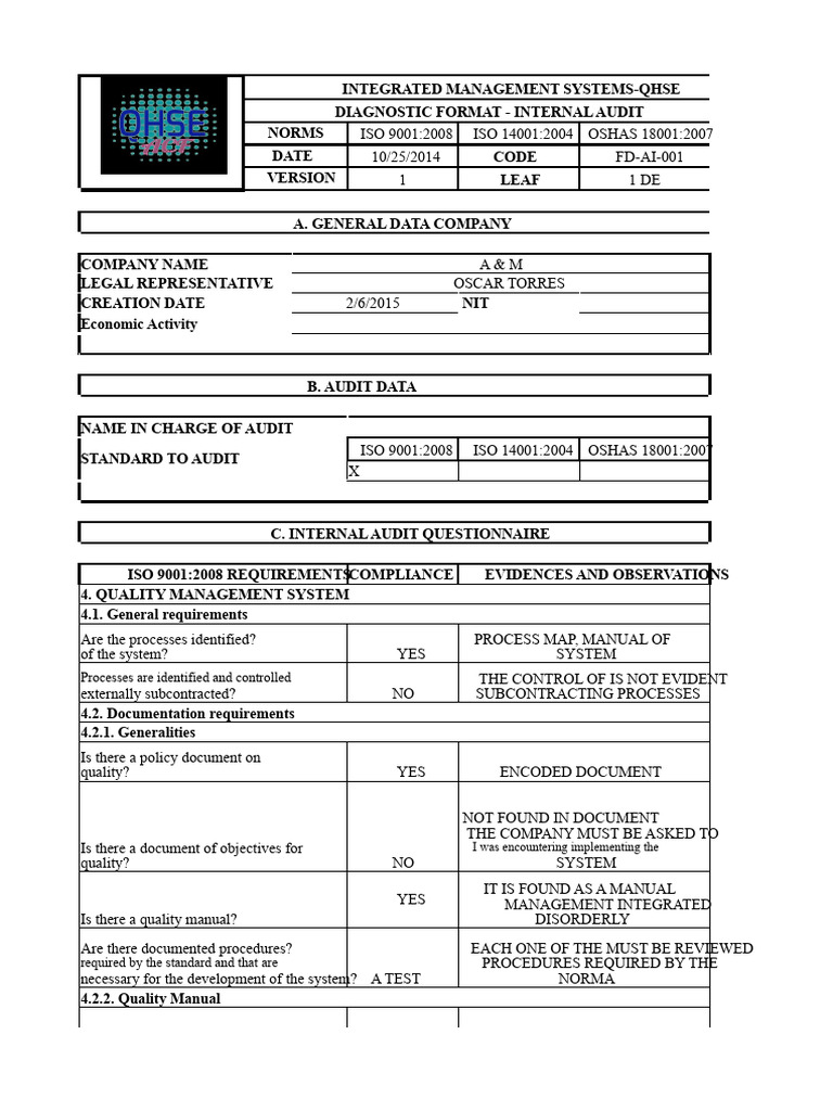 Diagnostic Format - Internal Audit A&m 1 Fd-Ai-001 | PDF | Verification ...