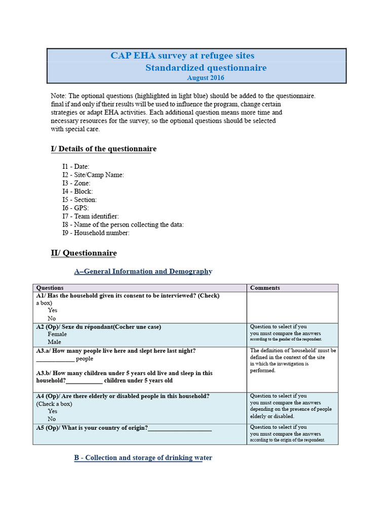 EHA Survey Questionnaire for Refugee Camps | PDF | Diarrhea | Menstruation