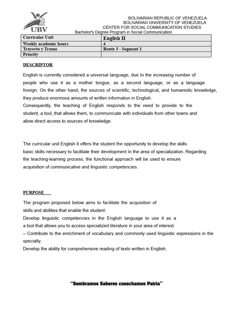 CURRICULAR UNIT ENGLISH II | PDF | Speed Reading | Curriculum