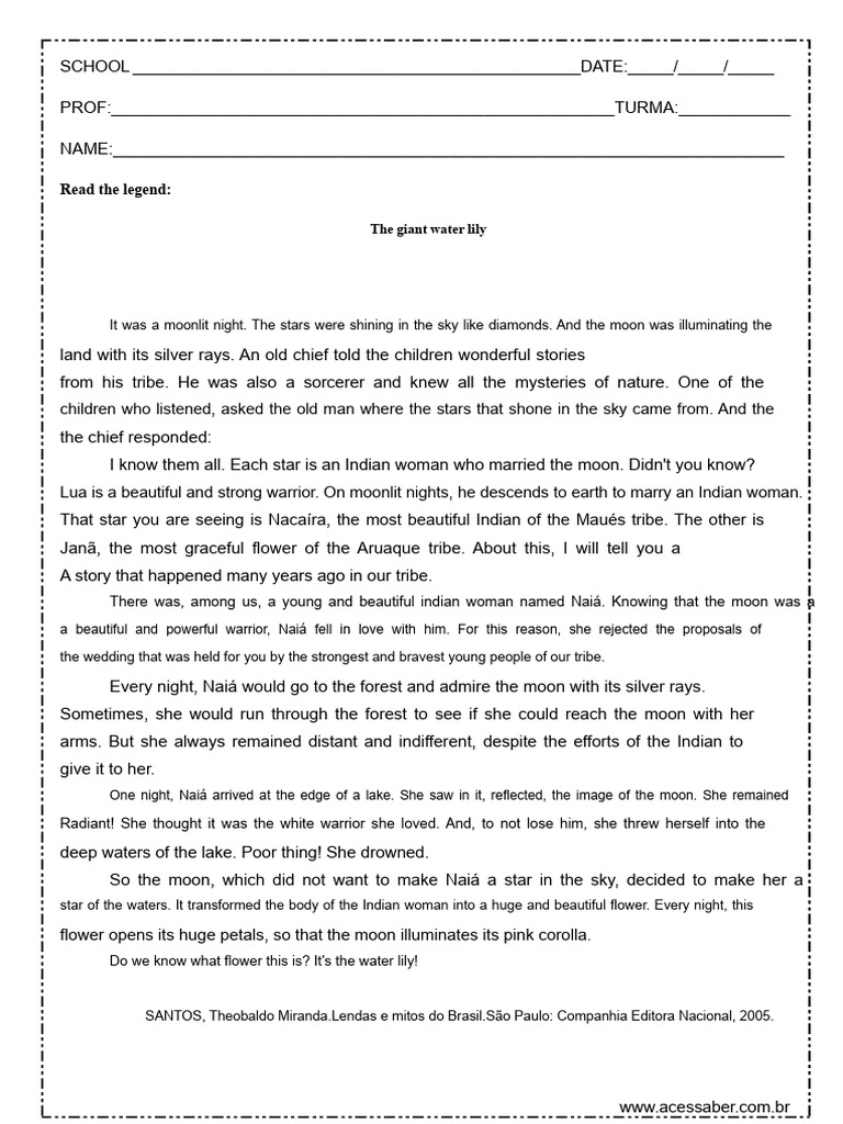 Text Interpretation Legend of The Victoria Regia 7th Grade Word 3 | PDF