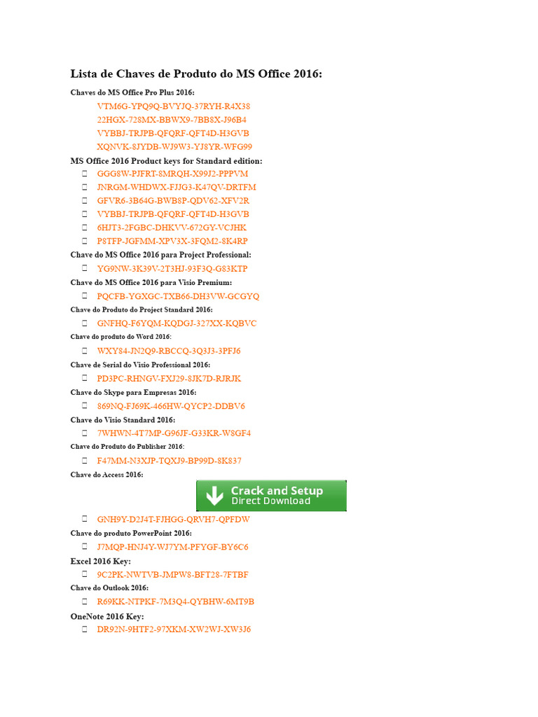 Lista de Chaves de Produto Do MS Office 2016 | PDF