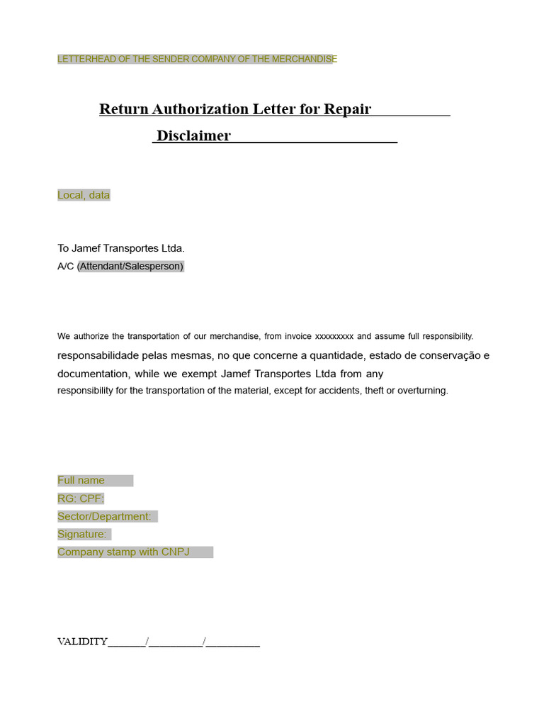 Authorization Letter Return Repair Exemption Responsibility - Odt | PDF
