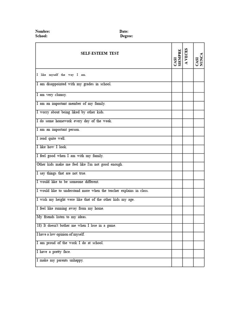 Self-Esteem Assessment Questionnaire | PDF | Self Esteem | Social ...