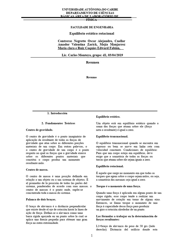 Relatório de Equilíbrio Estático Rotacional | PDF | Força | Torque