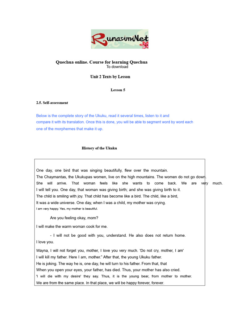 Learn Quechua: Ukuku Story Lesson | PDF