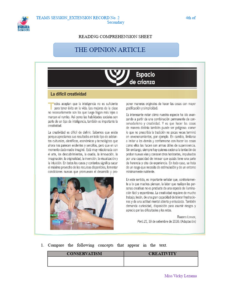 Reading Comprehension - 4TH Sec - Opinion Article | PDF
