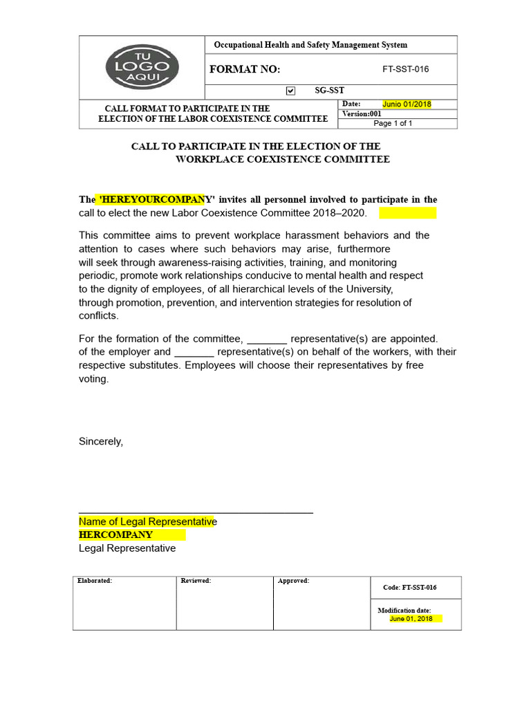 Call Format To Participate in The Election of The Labor Coexistence ...