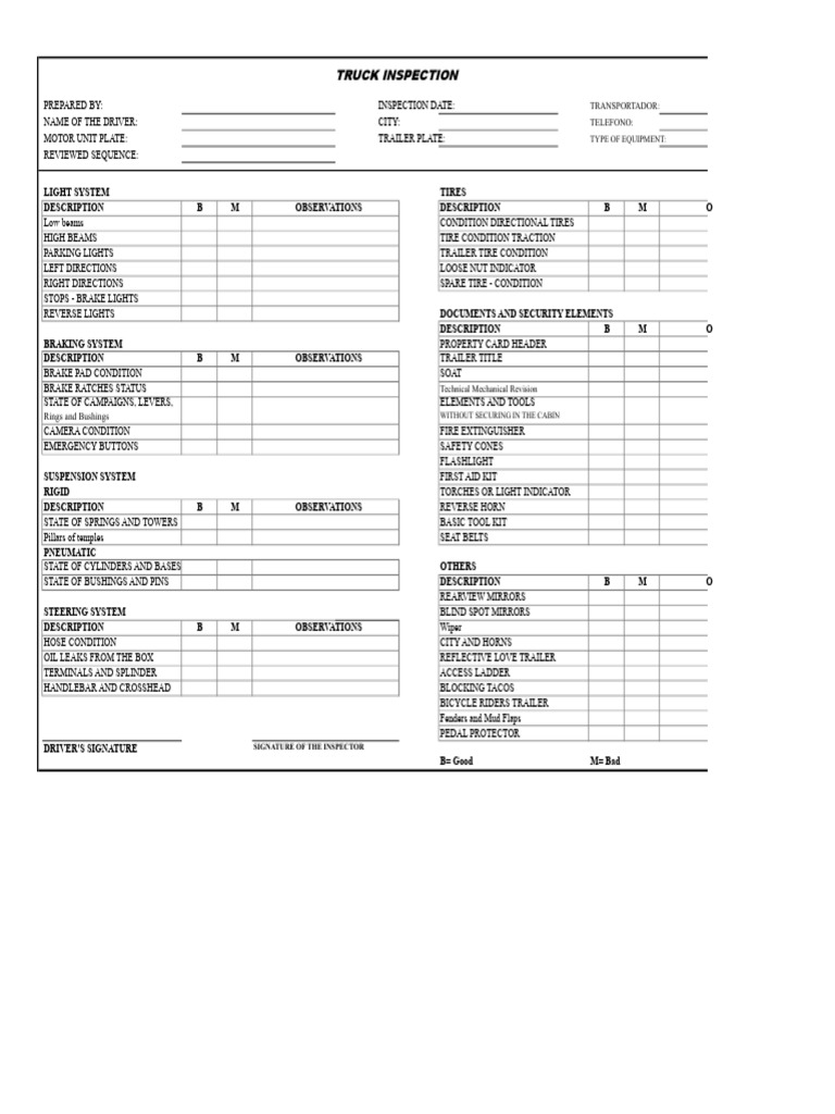 Inspection Format for Tractor Truck | PDF | Truck | Trailer (Vehicle)