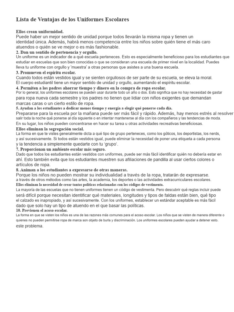 Ventajas y Desventajas de Uniformes Escolares | PDF | Escuelas | Ropa