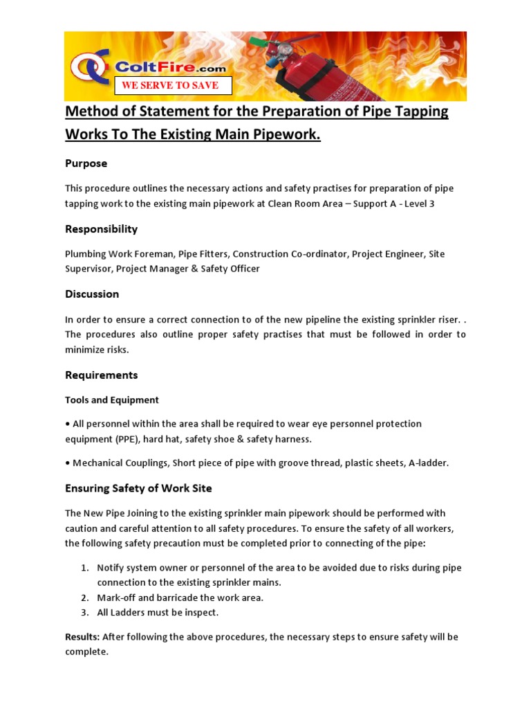 Pipe Tapping Procedure for Sprinkler System | PDF | Fire Sprinkler ...