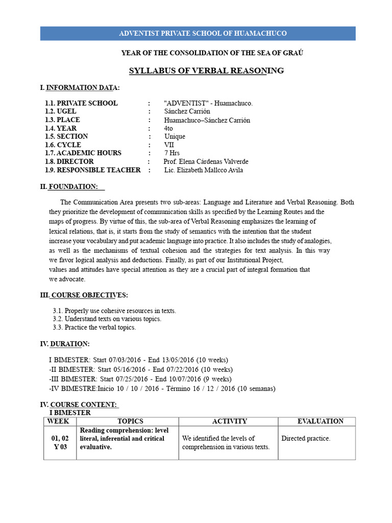 Syllabus For 4th Grade Verbal Reasoning Adventist School | PDF ...