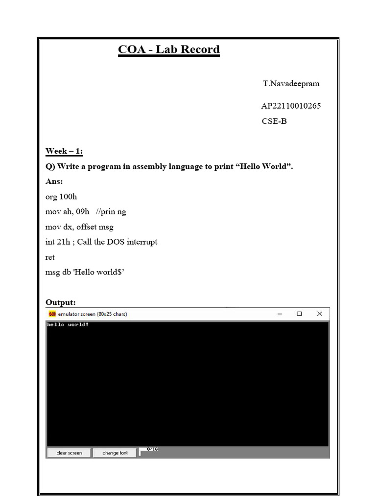 COA Lab Record | PDF | Assembly Language | Integer (Computer Science)