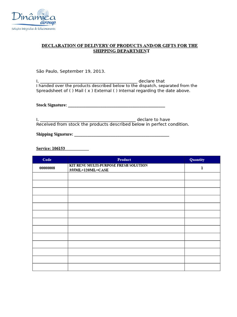 Declaration of Product Delivery For Shipment | PDF