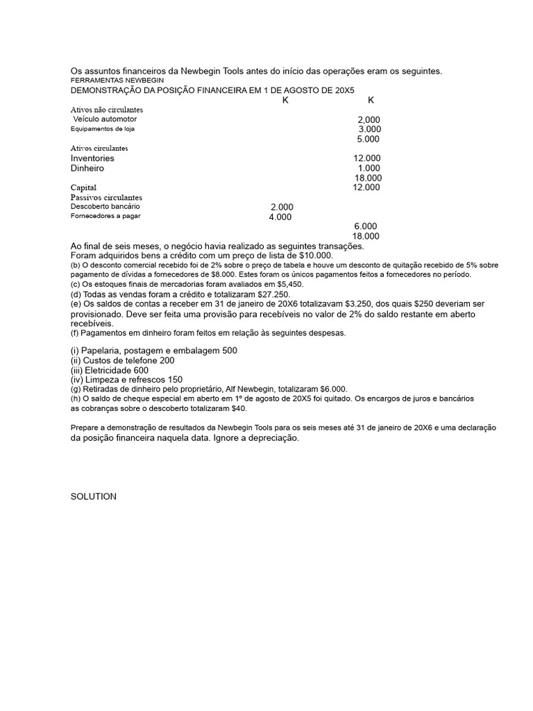 As questões financeiras da Newbegin Tools antes do início das operações ...