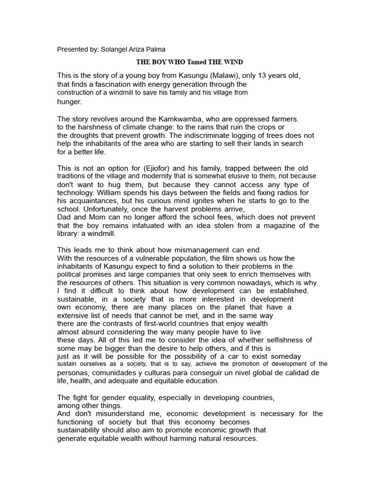 The Boy Who Tamed The Wind Essay | PDF | Energy Development ...
