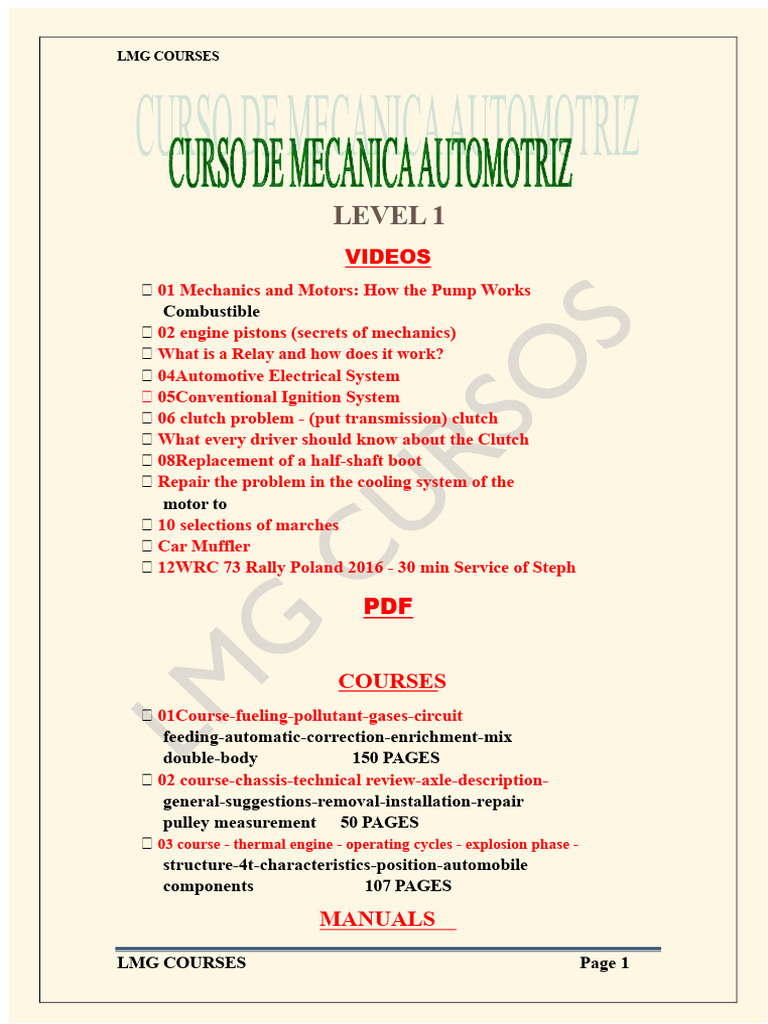 Automotive Mechanics Course Level 1 Syllabus | PDF | Engines | Diesel ...