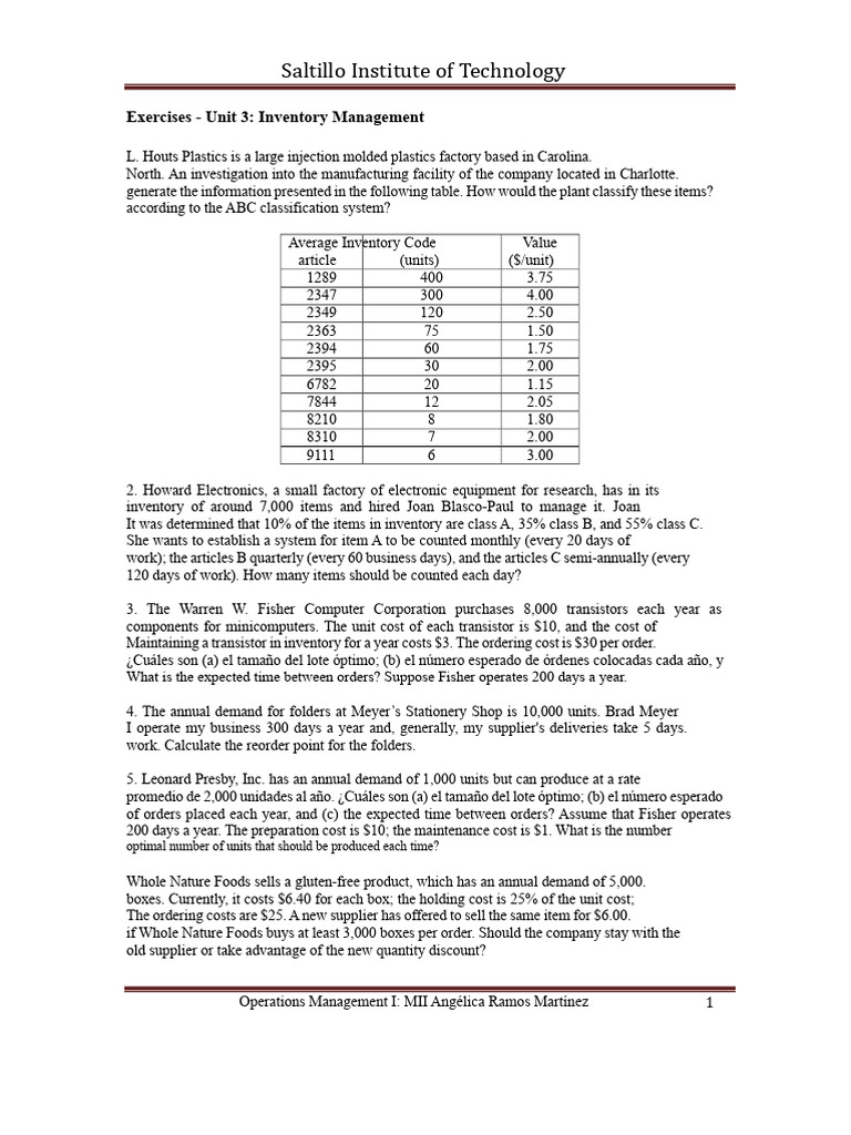 Inventory Management Exercises Overview | PDF | Business Economics ...