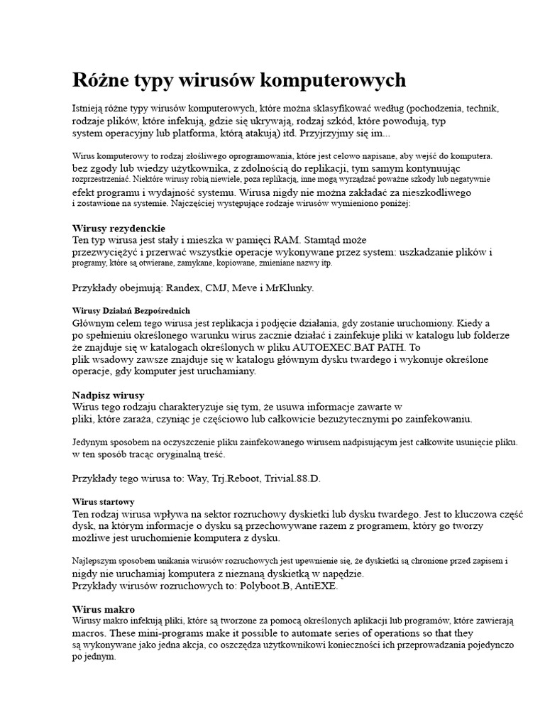 Różne Rodzaje Wirusów Komputerowych | PDF
