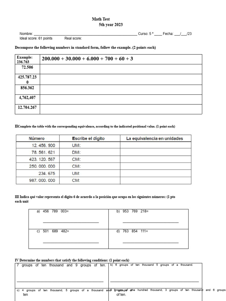 Fifth Grade Test 2023 | PDF | Mathematics | Algebra