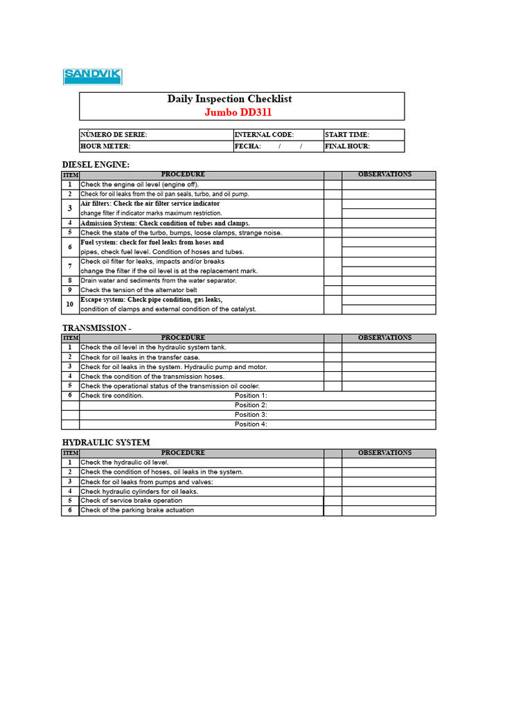 Daily Inspection Checklist for Jumbo DD311 | PDF | Motor Oil | Pump