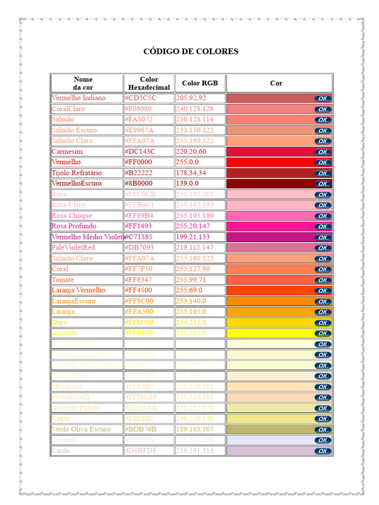 Tabla de Códigos de Colores RGB y Hex | PDF | Tecnicas artisticas | Visión