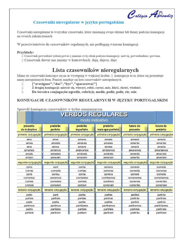 Czasowniki Nieregularne W Języku Portugalskim | PDF