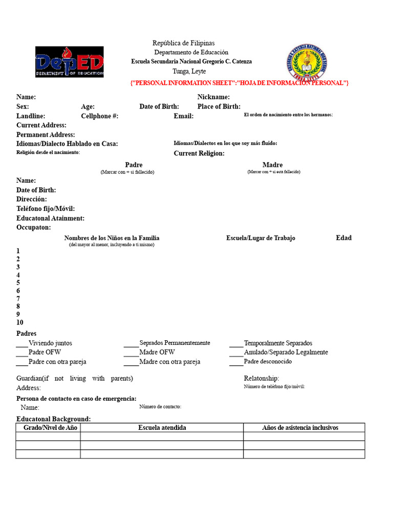 Hoja de Información Personal | PDF