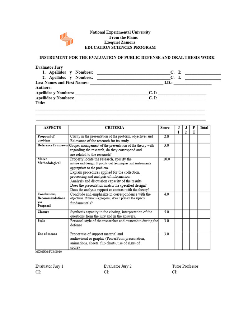 CRITERIA FOR THE EVALUATION OF THE PUBLIC DEFENSE OF THE DEGREE THESIS | PDF | Methodology ...