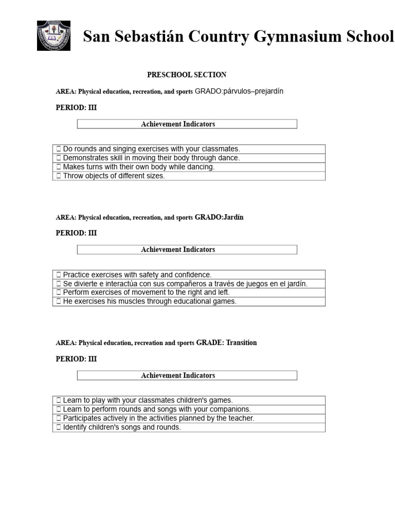 Achievement Indicators Third Academic Period | PDF | Physical Education ...