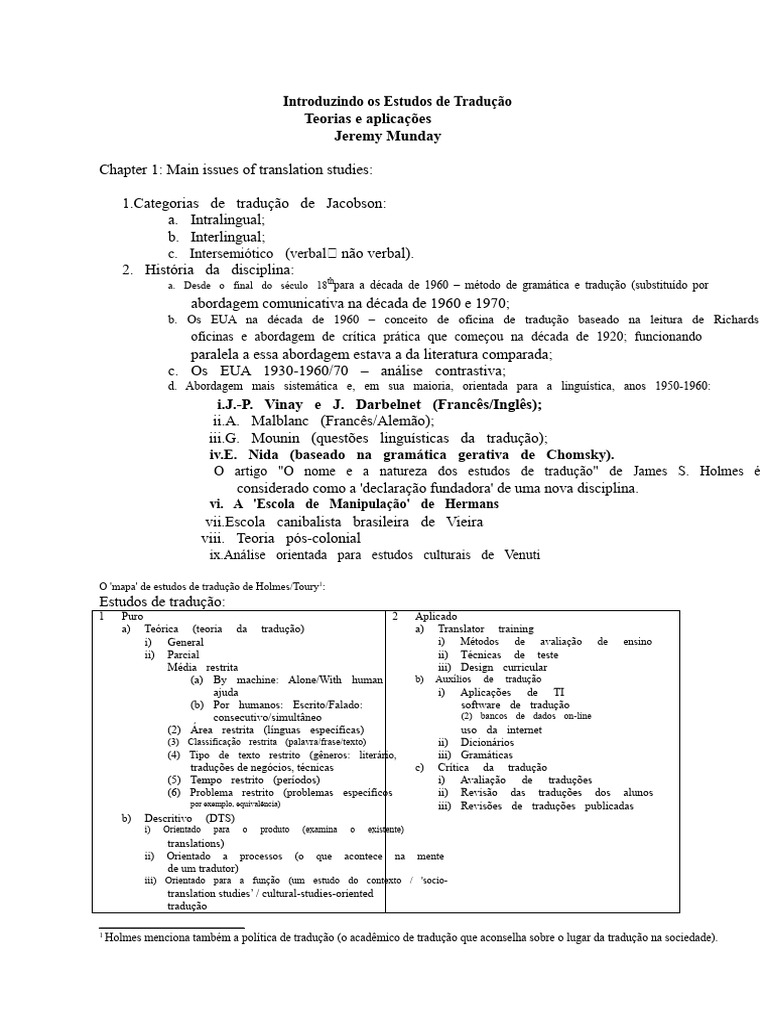 Resumo da Introdução aos Estudos de Tradução de Munday | PDF ...