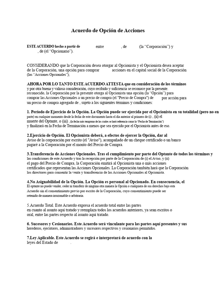 Acuerdo de Opción Sobre Acciones (Corporación Al Opcionista) | PDF ...