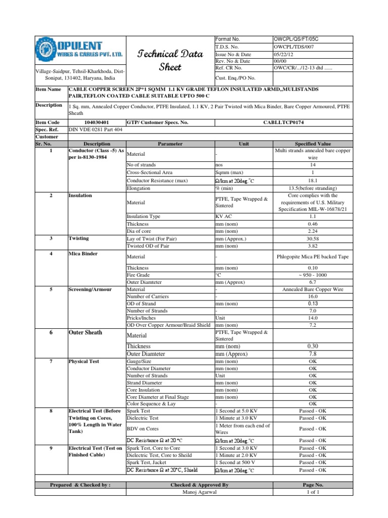 Technical Data - CABLE 2P X 1 SQMM | PDF | Cable | Electrical Conductor