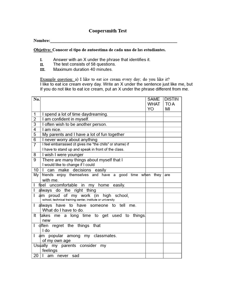 Coopersmith Self-Esteem Test | PDF