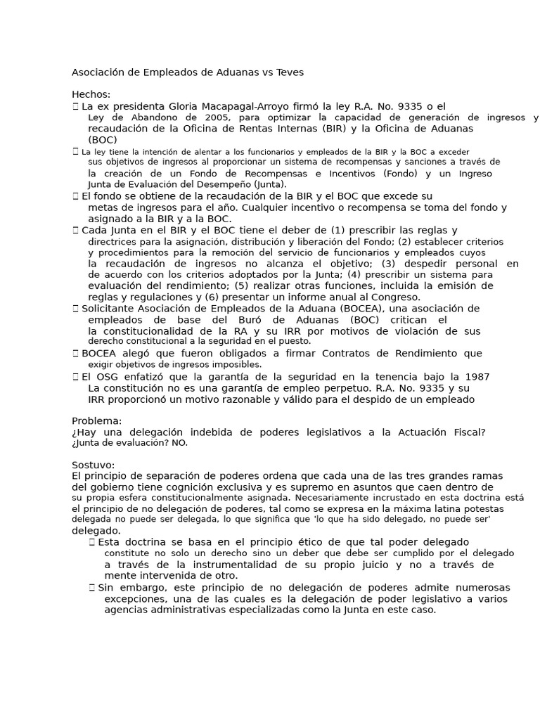 Asociación de Empleados de Aduanas (BOCEA) contra Teves | PDF | Arancel ...