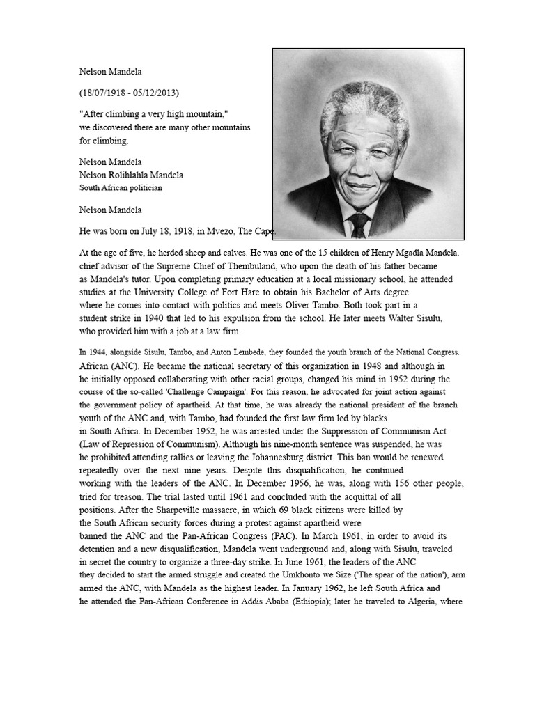 Nelson Mandela BIOGRAPHY | PDF | Nelson Mandela | African National Congress