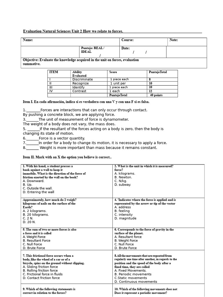 Unit Test 4 Force and Motion Seventh Grade | PDF | Force | Weight