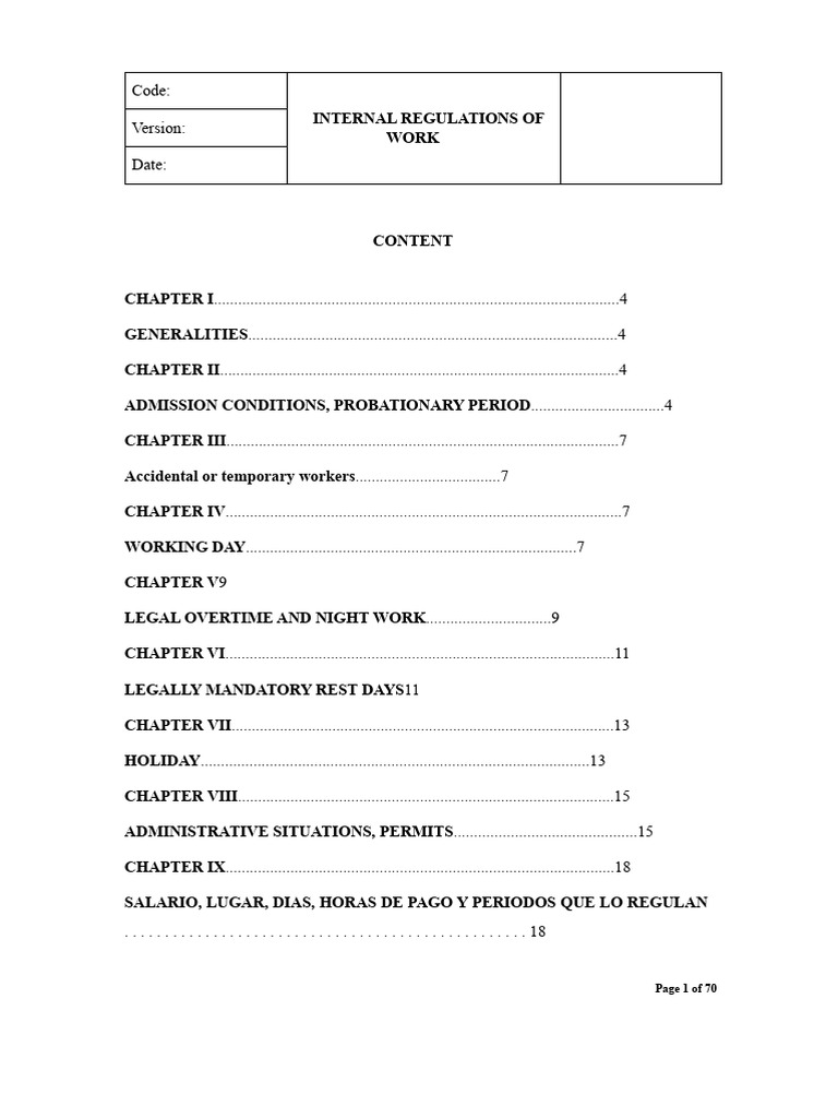 Internal Work Regulations | PDF | Salary | Occupational Safety And Health